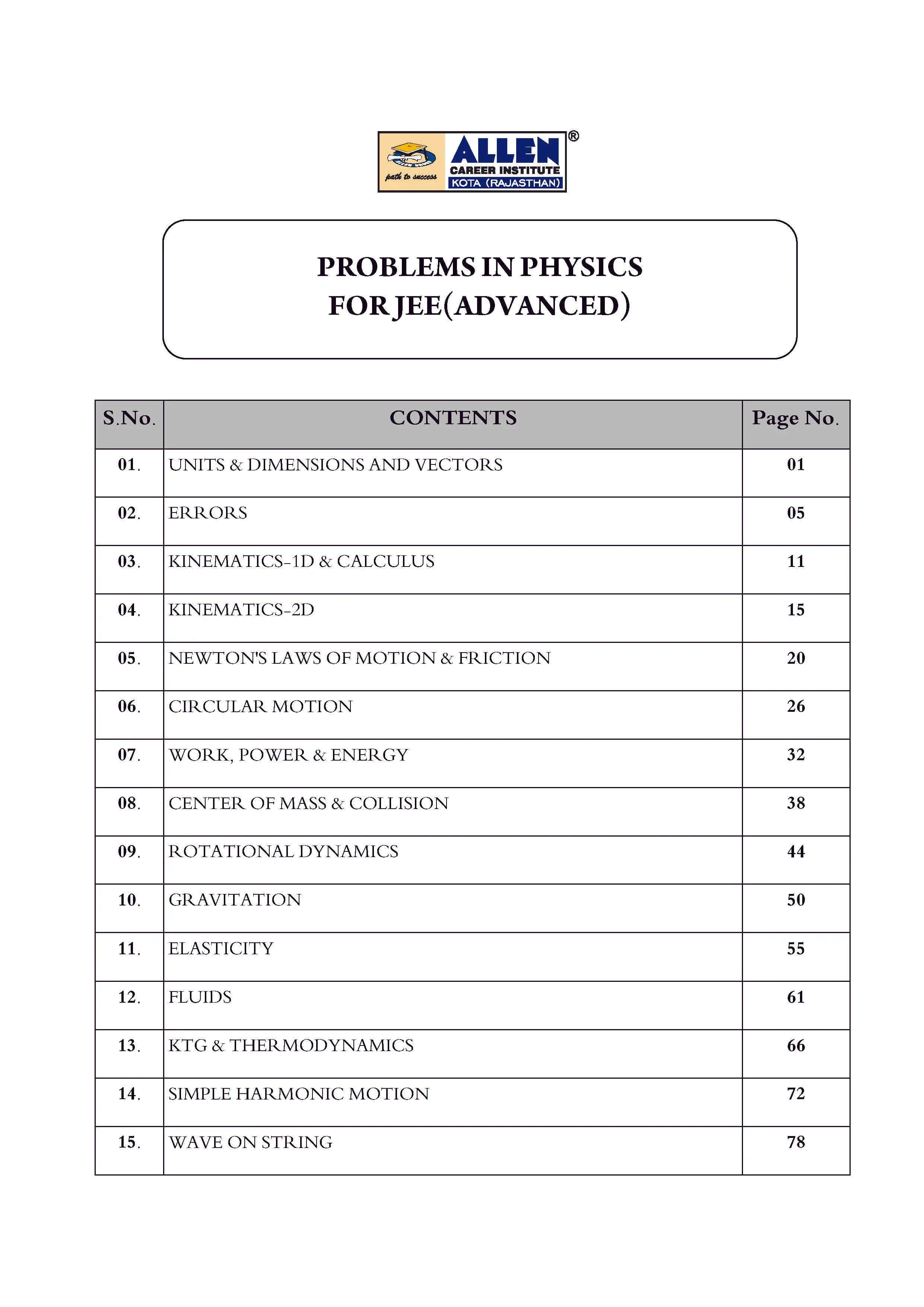 JEE Advanced Problems in Physics with Answer Key – ALLEN E-Store